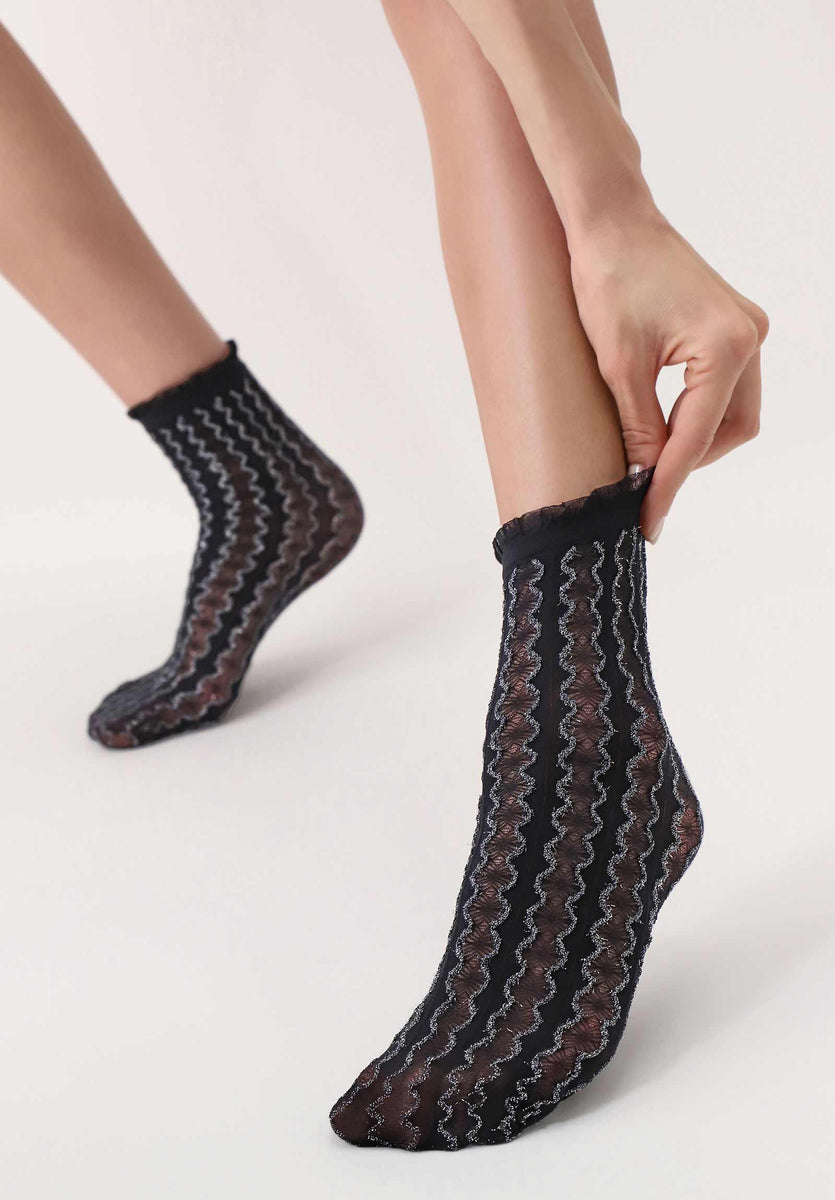 Oroblu Black Lace Shiny Decor Sheer Crew Socks – Italian Tights